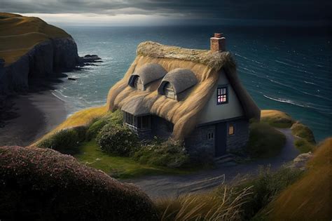 Premium AI Image Stylish Thatched House On Cliff Overlooking The Ocean