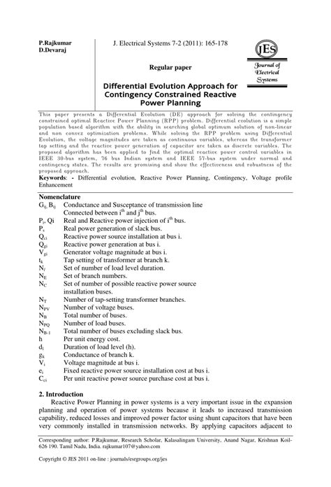 pdf differential evolution approach for contingency constrained reactive power planning