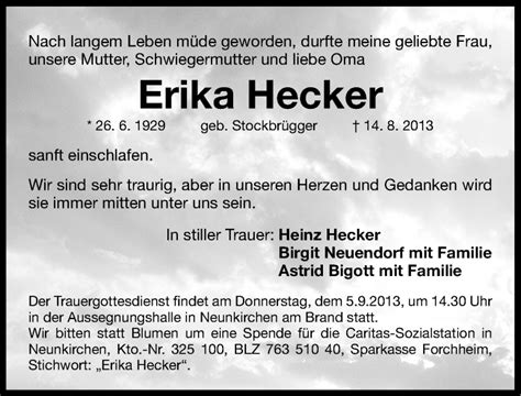 Traueranzeigen Von Erika Hecker Trauer Nn De
