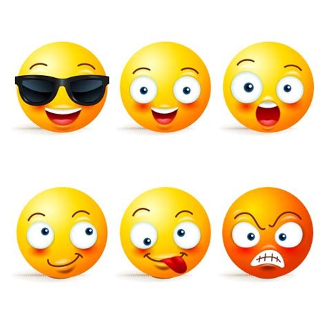 Yellow D Emoticons Set Funny Smiley Face Vector Image