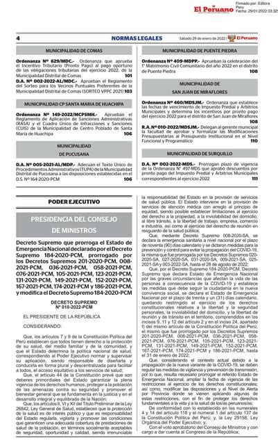 Decreto supremo que prorroga el estado de emergencia José Víctor