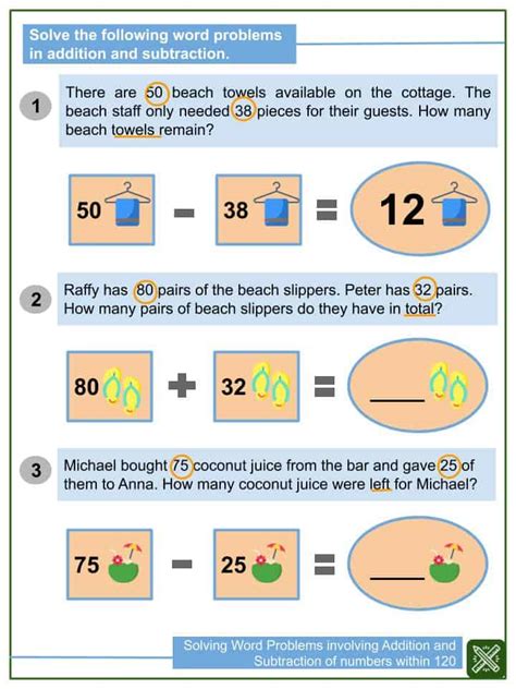 word problems involving addition and subtraction of numbers worksheets