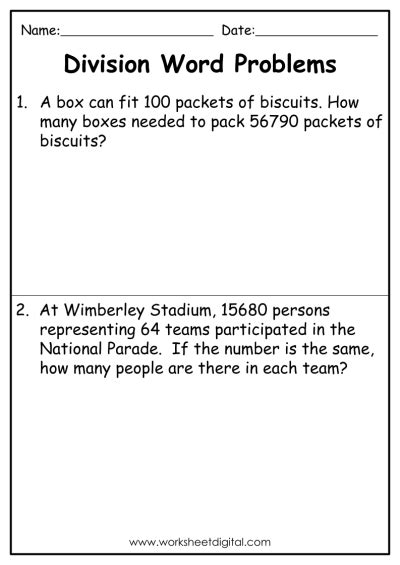 Division Word Problems Grade Worksheet Digital