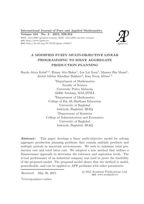 pdf a modified fuzzy multi objective linear programming to solve aggregate production planning