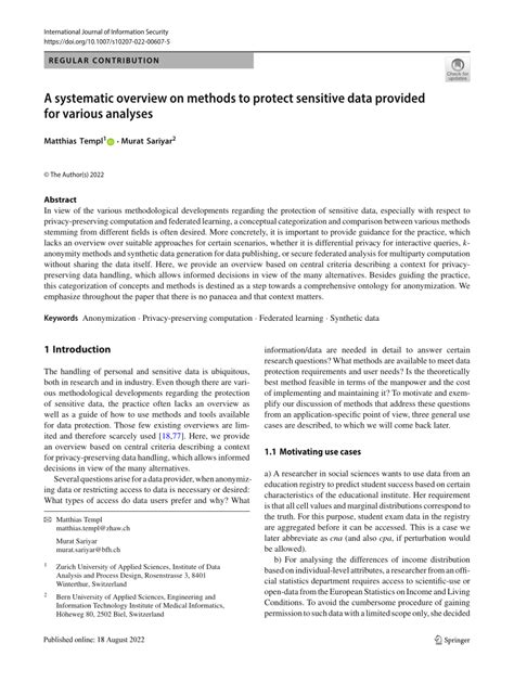 pdf a systematic overview on methods to protect sensitive data provided for various analyses