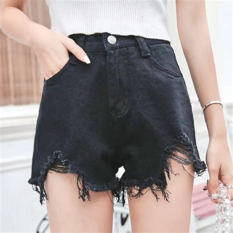 Buy Apparel 50s Vintage Ripped Hole Fringe Blue Denim Shorts Women Casual