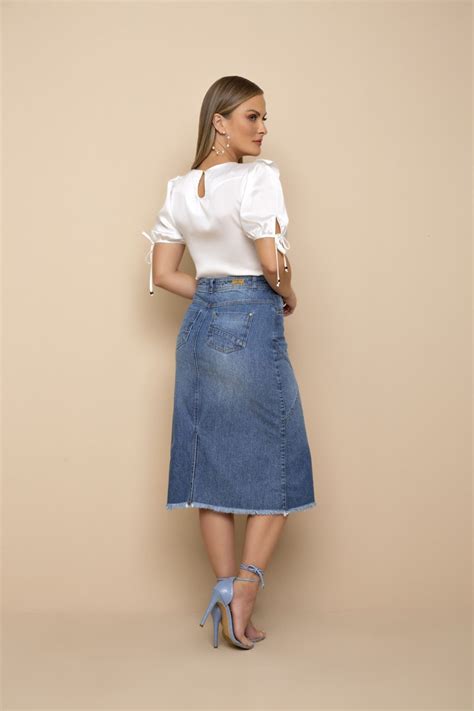 Saia Evasê Jeans Barra Desfiada Laura Rosa Jeans Moda Evangélica Lu Modas