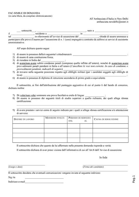Fac Simile Di Domanda 1 IR NOTES Pag FAC SIMILE DI DOMANDA In