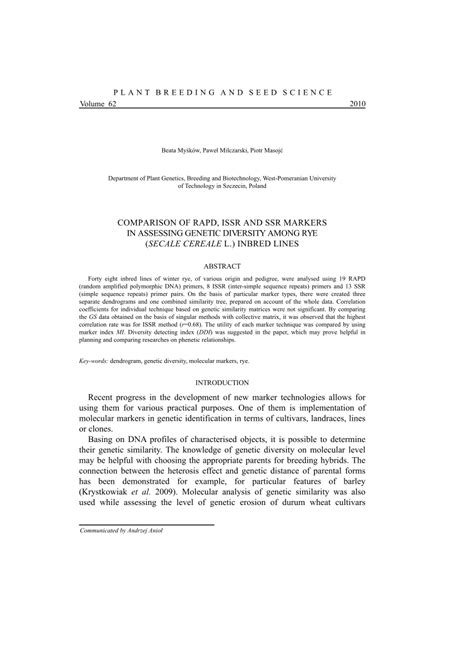 pdf comparison of rapd issr and ssr markers in assessing genetic diversity among rye secale