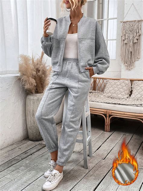 SHEIN LUNE Chaqueta Sólida Y Pantalones Deportivos Térmicos Y Forrados