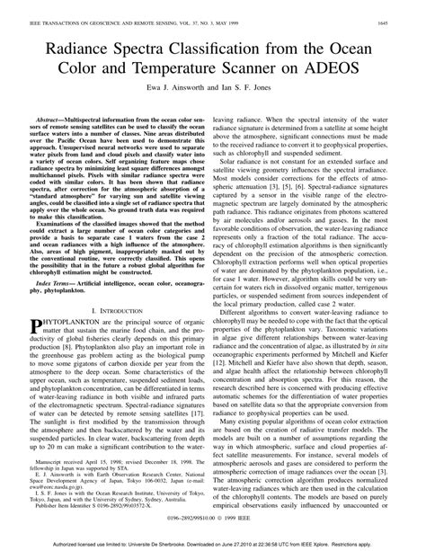 pdf radiance spectra classification from the ocean color and temperature scanner on adeos