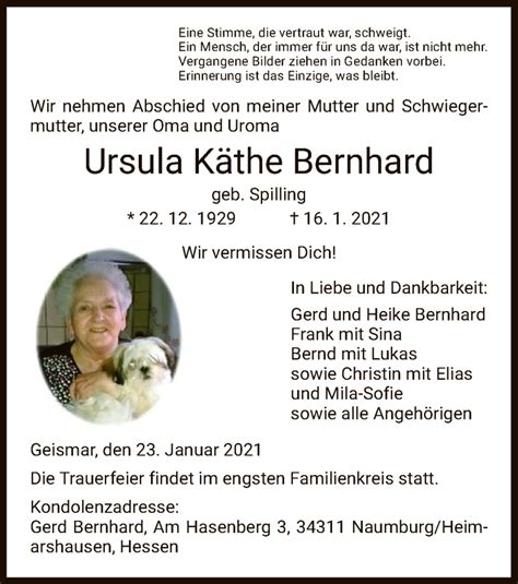 Traueranzeigen von Ursula Käthe Bernhard Trauer HNA de