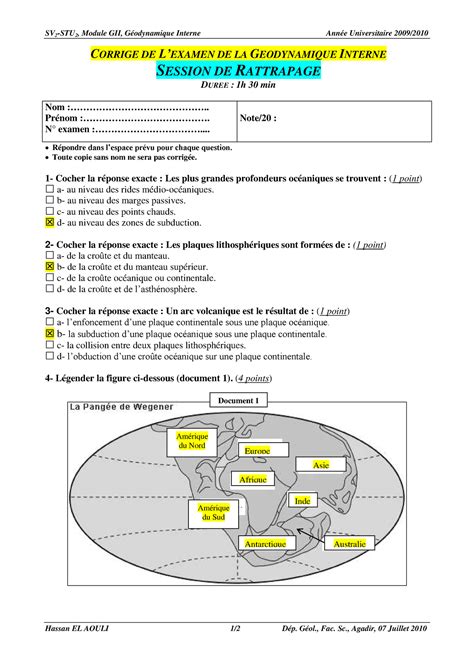 Geody int examens 10 Géodynamique Interne SV 2 STU 2 Module GII