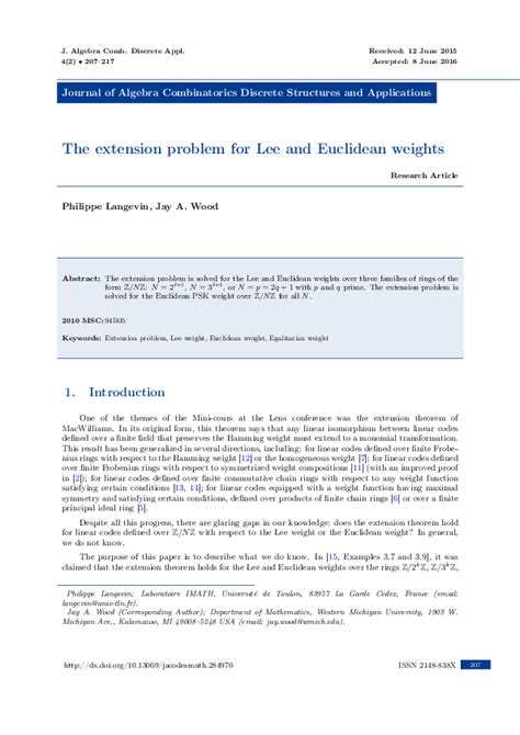 pdf the extension problem for lee and euclidean weights journal of algebra combinatorics