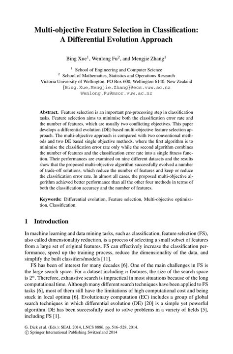 pdf differential evolution de for multi objective feature selection in classification