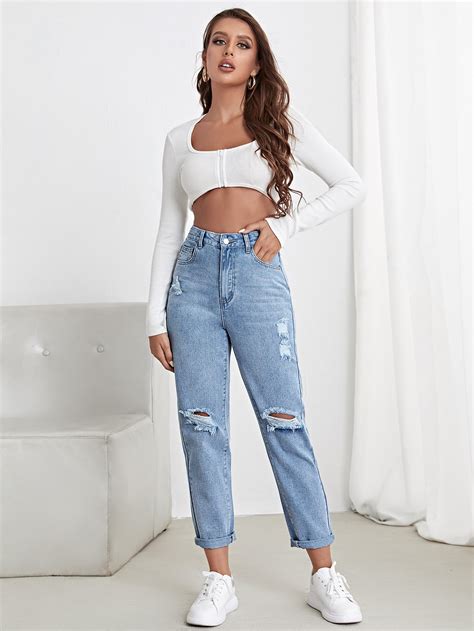 Botão Bolso Rasgado Zíper Simples Jeans SHEIN Brasil