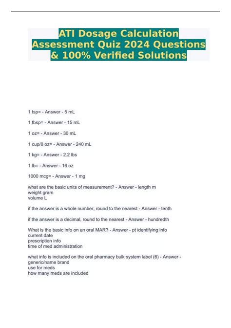 ATI Dosage Calculation Assessment Quiz 2024 Questions 100 Verified