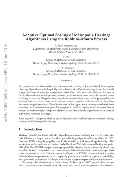 pdf adaptive optimal scaling of metropolis hastings algorithms using the robbins monro process