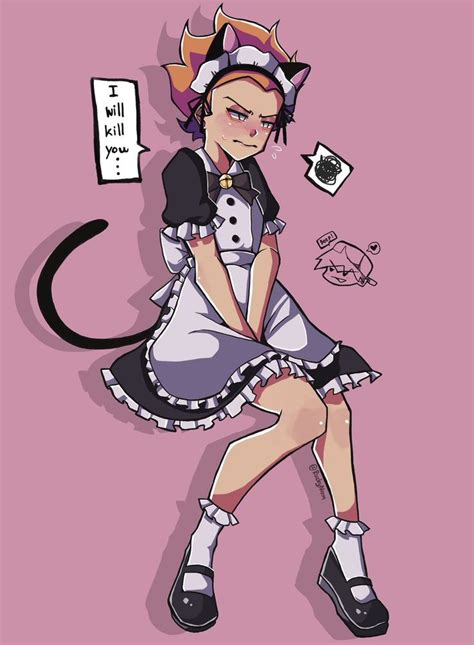 A Drawing Of A Woman In An Apron And Dress With A Cat On Her Head