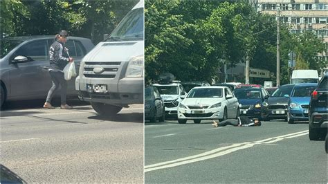 B365 Atenție șoferi O femeie umblă periculos prin fața mașinilor