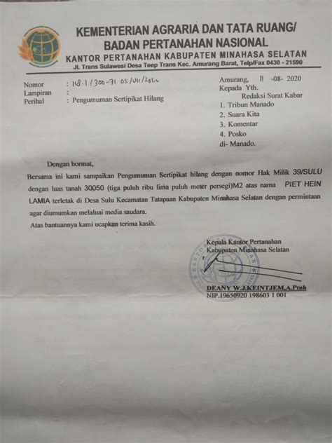 Detail Contoh Surat Pernyataan Kehilangan Sertifikat Koleksi Nomer 25