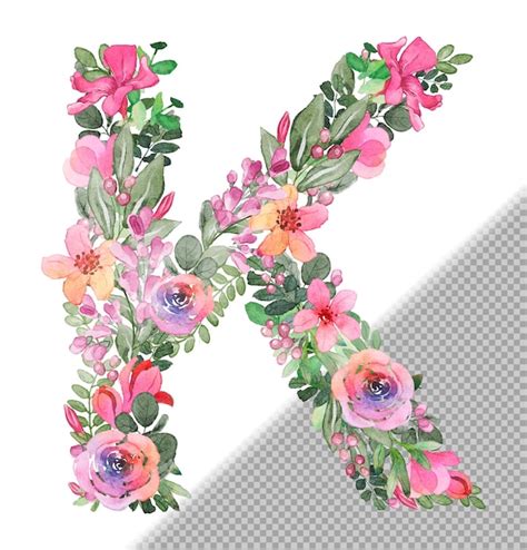Letra k em maiúscula feita de flores e folhas macias desenhadas à mão