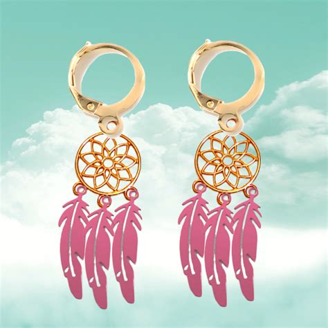 1 Par de Atrapasueños 30x15mm Color dorado Plumitas Etnicas Rosa