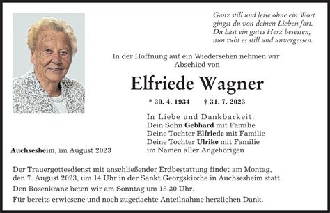 Traueranzeigen Von Elfriede Wagner Augsburger Allgemeine Zeitung