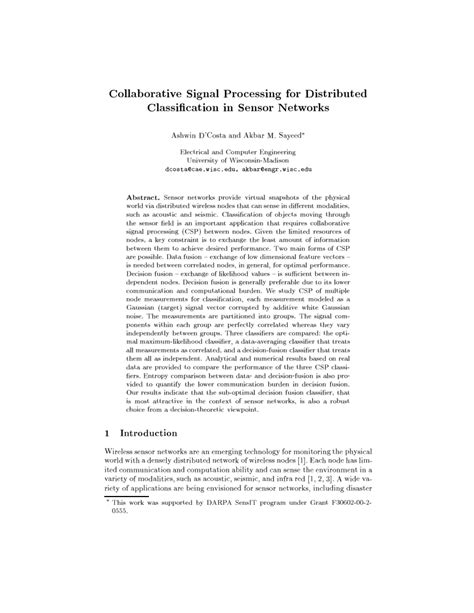pdf collaborative signal processing for distributed classification in sensor networks