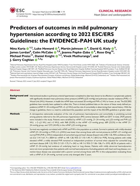 PDF Predictors Of Outcomes In Mild Pulmonary Hypertension According