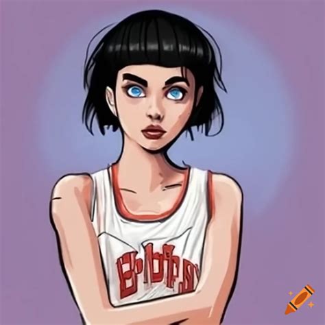 Comic Book Girl With Short Spikey Black Hair And Blue Eyes Wearing A White Basketball Jersey