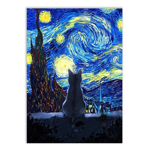 Placa Decorativa Gato Noite Estrelada Van Gogh Arte Decoração Poster