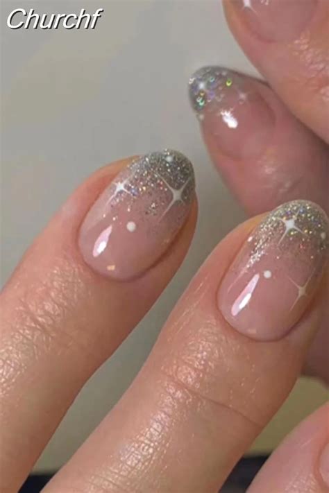 Churchf Glitter Short Almond False Nails Pink Aurora Ellipse Fake Nails