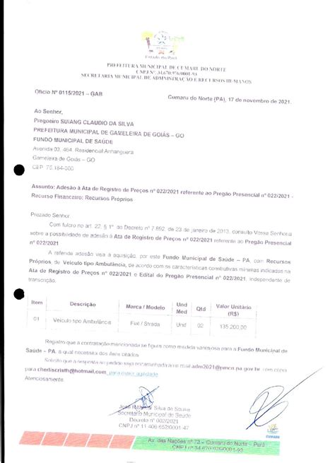 Solicitação ao Órgão Gerenciador Prefeitura Municipal de Cumaru do