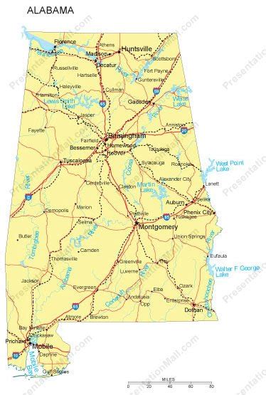 Alabama Map Major Cities Roads Railroads Waterways Digital