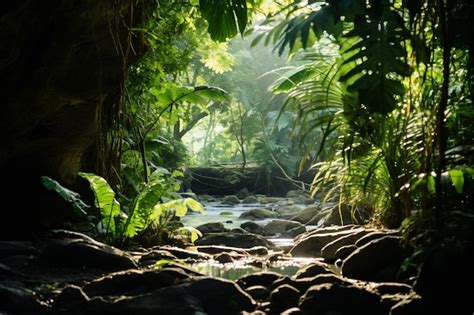 Premium Ai Image A Stream Running Through A Lush Green Forest