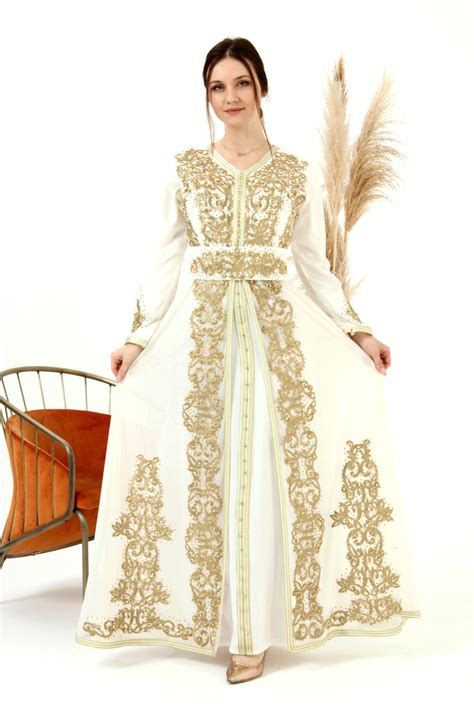 Caftan Marocain Blanc Dore Robe Oriental Chic Moderne MY22 Caftan R