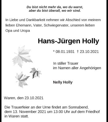 Traueranzeigen von Hans Jürgen Holly Trauer Nordkurier