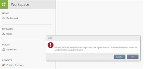 k2 workspace error a database error occurred login failed the login is from an untrusted