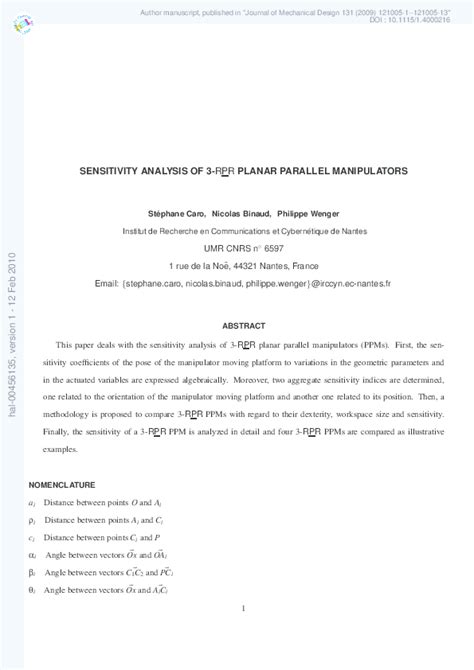 pdf sensitivity analysis of 3 rpr planar parallel manipulators stéphane caro