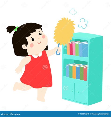 Muchacha Linda Que Limpia El Polvo Del Estante Ilustración del Vector