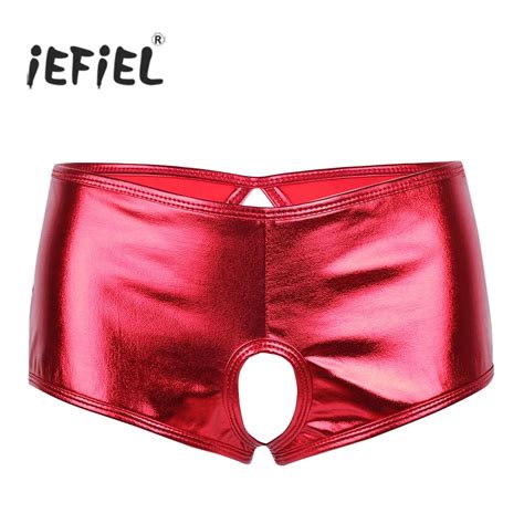 Iefiel Wetlook Open Butt Faux Leather Crotchless Bikini Brief Underwear With Hole Crotchless