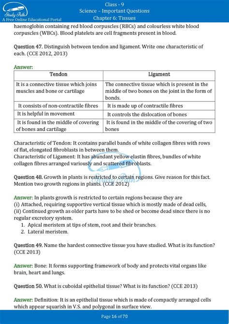 Important Questions For Class Science Chapter Tissues Study Path