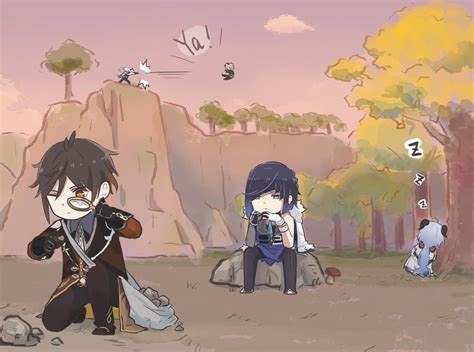 Ganyu Zhongli Shenhe Yelan And Hilichurl Genshin Impact Drawn By