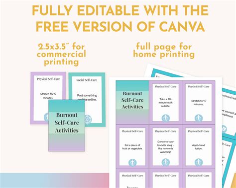 Burnout Self Care Activity Cards Editable Canva Template Commercial Use