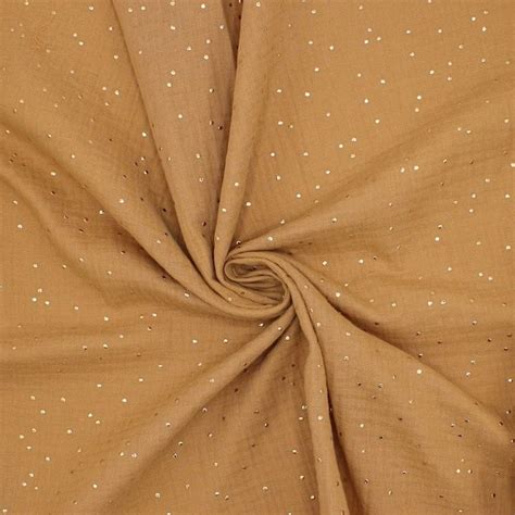 Tissu Double Gaze de Coton Pois Doré et Camel