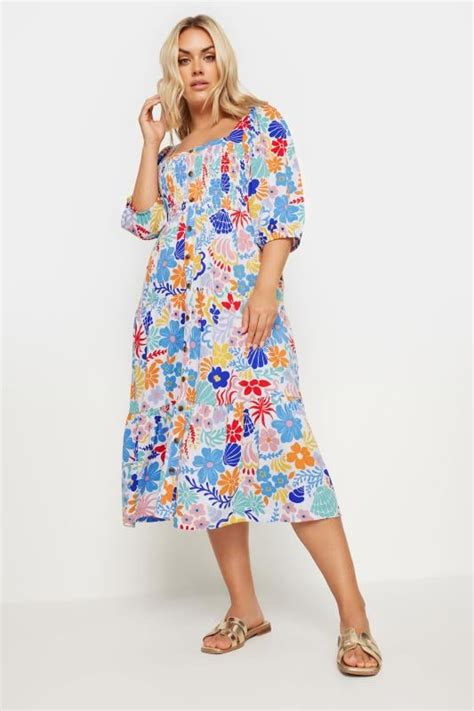 YOURS Plus Size White Floral Print Button Front Tiered Midi Dress