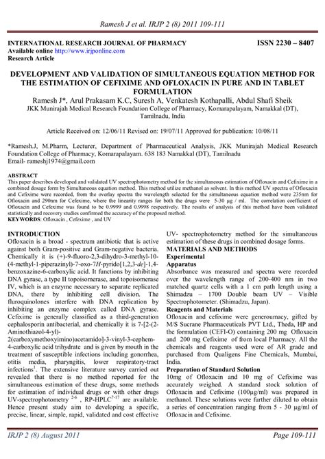 pdf development and validation of simultaneous equation method for the estimation of cefixime