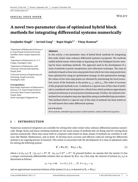 pdf a novel two‐parameter class of optimized hybrid block methods for integrating differential