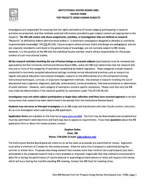 Fillable Online Elon Elon IRB Review Form For Projects Using Human